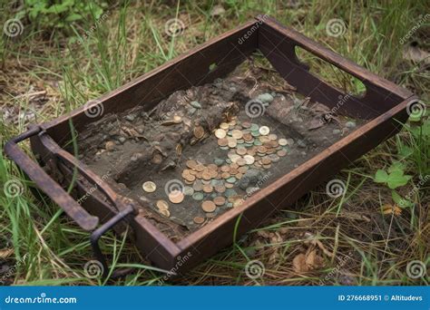Metal Detector Frame With Treasure And Coins Discovered In The Field Stock Image Image Of