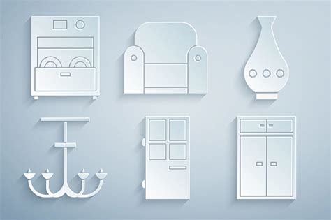 닫힌 문 꽃병 샹들리에 옷장 안락 의자 및 주방 식기 세척기 기계 아이콘을 설정합니다 벡터 0명에 대한 스톡 벡터 아트 및 기타