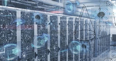Image Of Mathematical Equations And Multiple Round Scanners Against Computer Server Room Stock