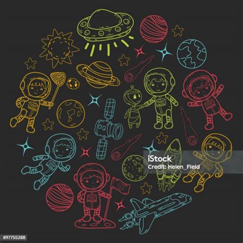 유치원 공간 천문학 수업 어린이 학교 아이 들 그림 Ufo 외계인 달 표면 지구 목성 토성 화성 벡터 낙서 아이콘 18 19세에 대한 스톡 벡터 아트 및 기타 이미지