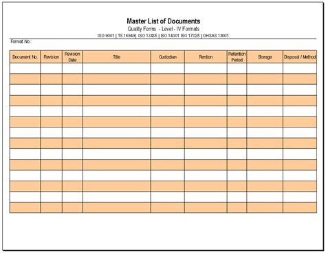 Master List Of Documents Format Samples Word Document Download