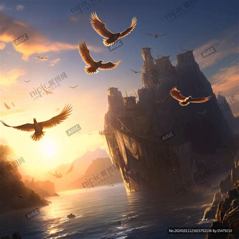 Ai创作图日出飞鸟太阳红日群山 展翅高飞背景 魔幻场景插画 神话场景图 Cg场景 古代海洋场景 动画场景海报 古代捍海筑塘场景 日出与飞鸟 夕阳天空飞鸟 飞鸟与日出 海上落日插画 大鹏展翅高飞