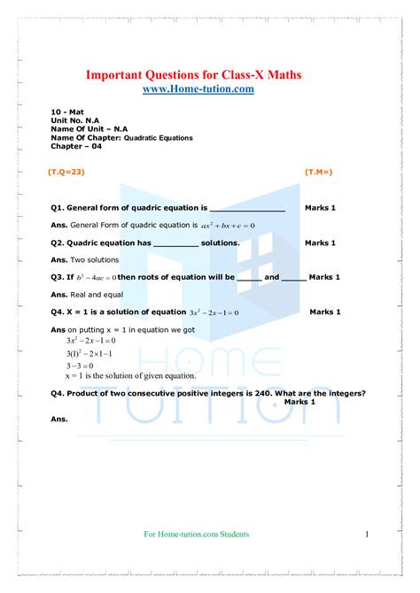 Important Questions For Class 10 Maths Chapter 4 Quadratic Equations With Solutions