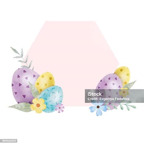 귀여운 화려한 부활절 달걀 꽃 나뭇잎의 프레임입니다 파스텔 색상의 부활절 달걀이 있는 배경입니다 고립된 수채화 그림입니다 부활절 카드 표지 포스터 및 초대장 템플릿 0명에