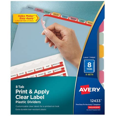 Avery® 12433 Index Maker 8 Tab Multi Color Plastic Clear Label Dividers