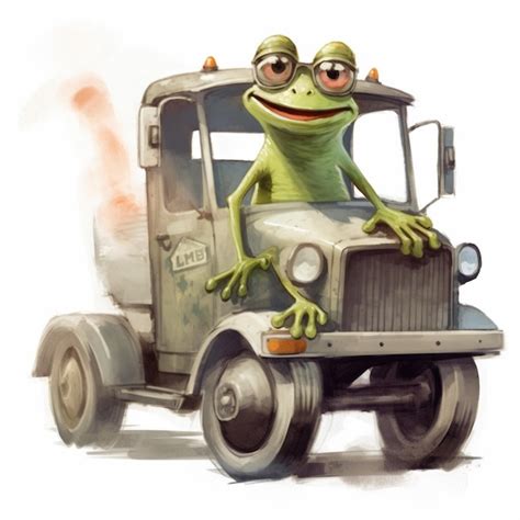 Cartoon Frog Driving A Truck With A Smoke Trail Coming Out Of The Back