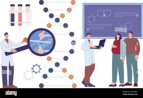 Genetic Test For Pregnancy Couple Pregnant Woman Man And Genetics Scientists Look DNA Molecule