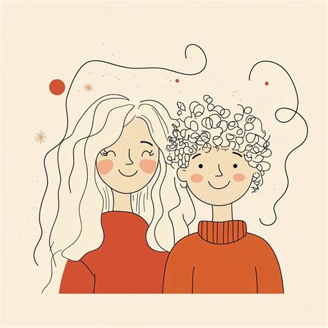 금발 긴 머리 소녀와 곱슬 짧은 백발 소년이 미소 짓고 있는 미니멀한 크리스마스 일러스트