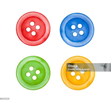 4개의 컬러풀한 바느질 버튼의 수색 일러스트 컬렉션 맨 위 보기 둥근 모양 빨간색 노란색 파란색 녹색 색상 손으로 그린 수채화 스케치 페인트 디자인클립 아트 요소를 잘라
