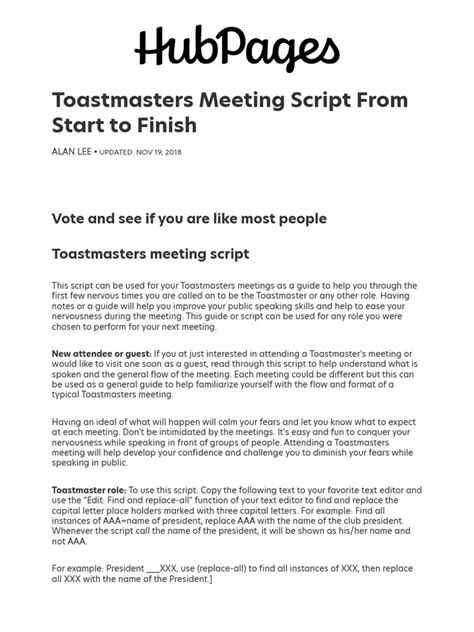 Toastmasters Meeting Script From Start To Finish Hubpages Pdf