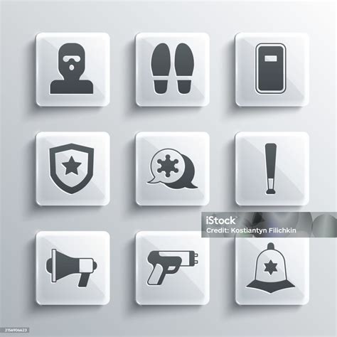 세트 경찰 전기 충격기 영국 경찰 헬멧 야구 방망이 육각형 보안관 메가폰 배지 도둑 마스크 및 돌격 방패 아이콘 벡터 0명에 대한 스톡 벡터 아트 및 기타 이미지 Istock