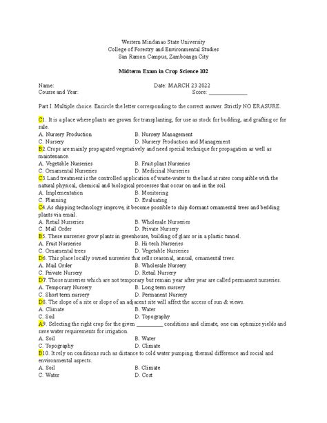 Exam In Crop Sci 102 For Midterm Western Mindanao State University College Of Forestry And