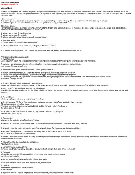 Endocrine System Lecture Notes The Endocrine System Textbook Chapter Lecture Notes The