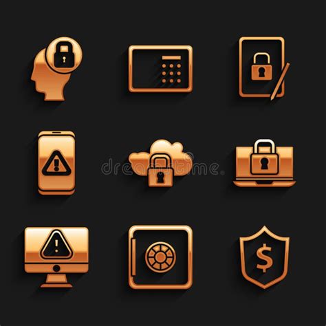 Set Cloud Computing Lock Safe Shield With Dollar Laptop And Monitor Exclamation Mark Mobile