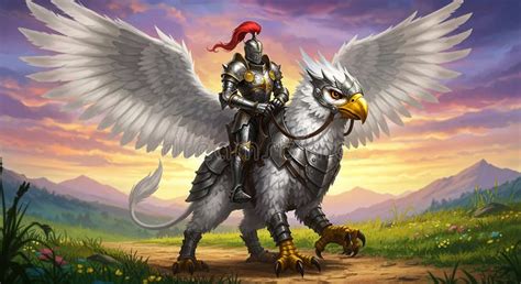 A Knight In Shining Armor Sits Atop A Majestic Griffin With Large White