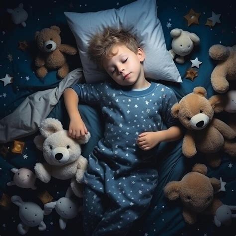 Un Ni O Durmiendo En Una Cama Con Osos De Peluche Y Una S Bana Azul Con Estrellas En Ella Foto