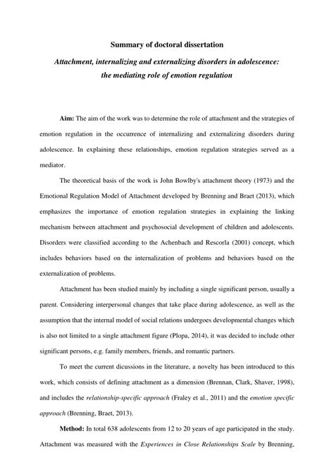 Pdf Summary Of Doctoral Dissertation Attachment Internalizing And Externalizing Disorders In