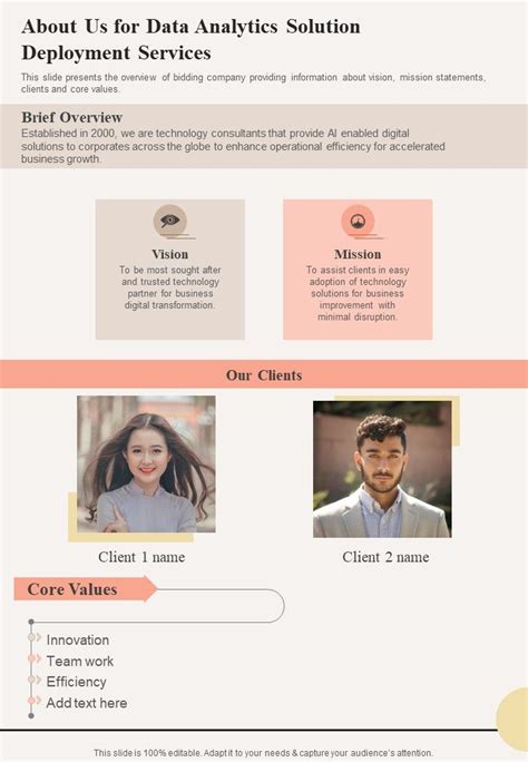 about us for data analytics solution deployment one pager sample example document ppt example