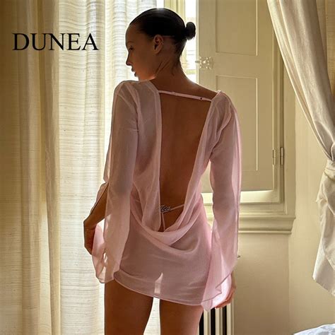 Dunea Long Sleeve Swing Collar Backless See Through Dress No Panties