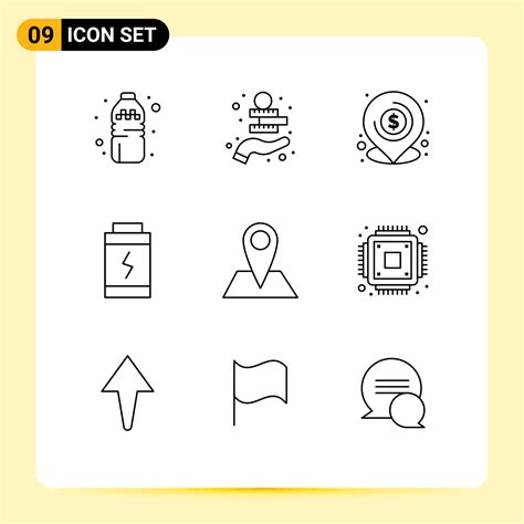 9 Universal Outline Signs Symbols Of Map Contact Lend Power Battery Editable Vector Design