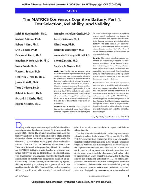 Pdf The Matrics Consensus Cognitive Battery Part 1 Test Selection Reliability And Validity