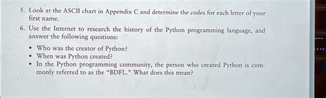 Solved Look At The Ascii Chart In Appendix C And Determine The Codes For Each Letter Of Your