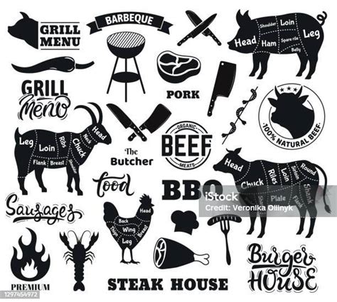 정육점 방식 포스터 빈티지 정육점 가이드 쇠고기 컷 차트 스테이크 하우스 및 바베큐 요소 육류 절단 정육점 가이드 벡터 일러스트레이션 다이어그램에 대한 스톡 벡터 아트 및