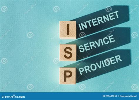 Three Wooden Cubes With Letters Isp Internet Service Provider On Blue Table Stock Image