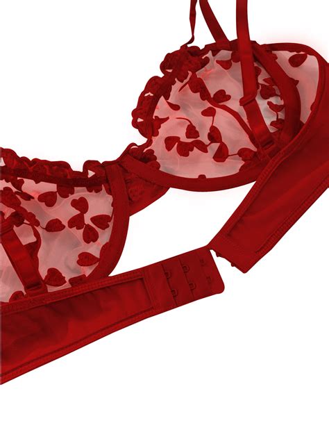 Sexy Cute Underwire Push Up Strappy Heart Embroidered Mesh Sheer Lingerie Set For