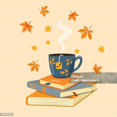 가을 나뭇잎이 떨어지는 책에 뜨거운 차 한 잔의 벡터 가을 그림 가을에 대한 스톡 벡터 아트 및 기타 이미지 가을 책
