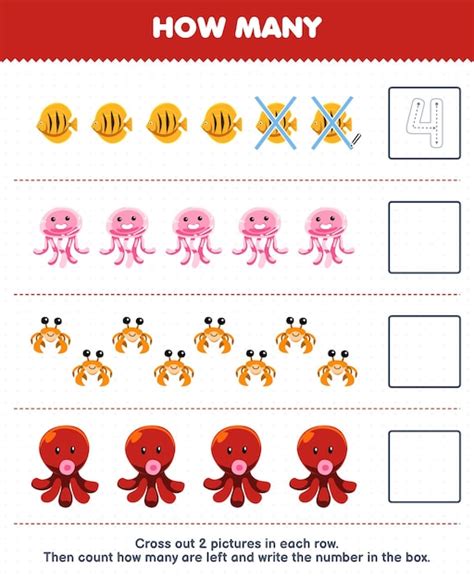 아이들을 위한 교육 게임은 귀여운 만화 물고기 해파리 게 문어의 수를 세고 상자 인쇄 가능한 수중 워크시트에 숫자를 씁니다