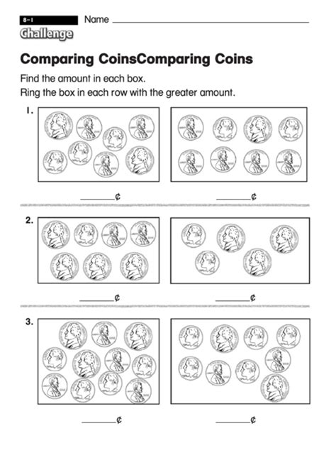 Comparing Coins Challenge Math Worksheet With Answer Key Printable