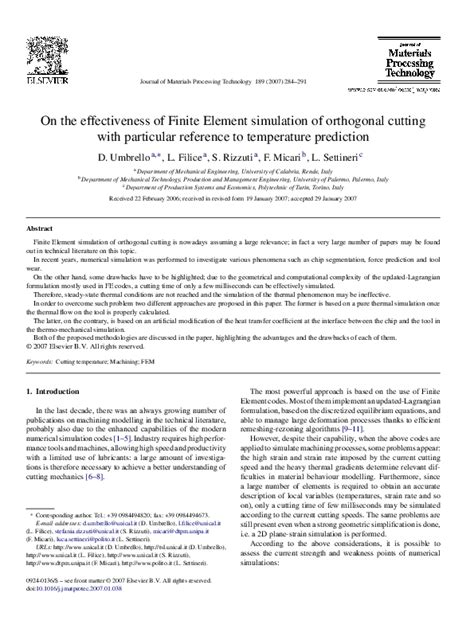 Pdf On The Effectiveness Of Finite Element Simulation Of Orthogonal Cutting With Particular
