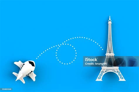 주변 에펠 이동 비행 하는 비행기의 최대 파란색 배경에 컨셉 일러스트를 탑 복사 공간 3d 렌더링 보기 최고 에펠탑에 대한 스톡 사진 및 기타 이미지 Istock