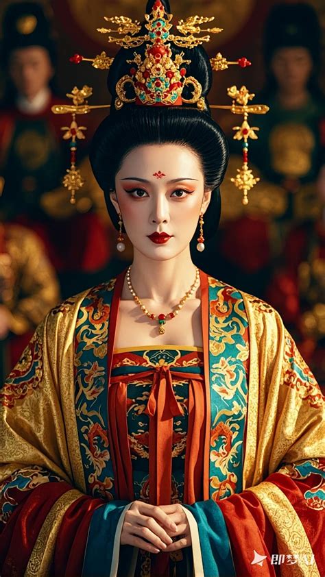 真实照片，电影光效，最好质量，暗黑风格，唐朝女皇武则天，身材丰满，面容端庄，眉目如画，气质威严。在她登基的那一天，武则天身着华丽的龙袍，头戴凤冠，站在大明宫的太和殿上。她的皮肤保养得很好，虽然