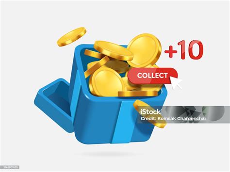 금화는 파란색 선물 상자에 수집되어 온라인 쇼핑 또는 배송 서비스를 사용한 후 포인트로 교환되며 프로모션 판매 디자인을 위해 흰색 배경에 고립 된 벡터 3d입니다 3차원