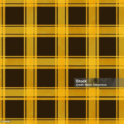 밝은 노란색 깅엄 검은 배경에 화려한 완벽 한 체크 무늬 패턴입니다 격자 무늬 타탄 질감 수채화 그림 손으로 그린 브러시