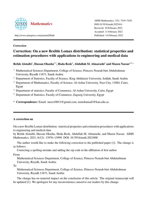 Pdf Correction On A New Flexible Lomax Distribution Statistical Properties And Estimation