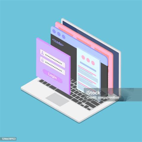 랩톱 화면에서 적응형 레이아웃 웹 페이지가 있는 동급형 웹 인터페이스 3차원 형태에 대한 스톡 벡터 아트 및 기타 이미지 3차원 형태 노트북 맞춤형 Istock