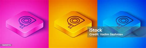 분홍색과 주황색 파란색 배경에 격리 된 등색 라인 룰렛 구조 아이콘 테이프 측정 기호입니다 정사각형 버튼입니다 벡터 3차원 형태에 대한 스톡 벡터 아트 및 기타 이미지