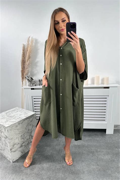 Rochie Tip Camasa Kaki Asimetrica Si Supradimensionata