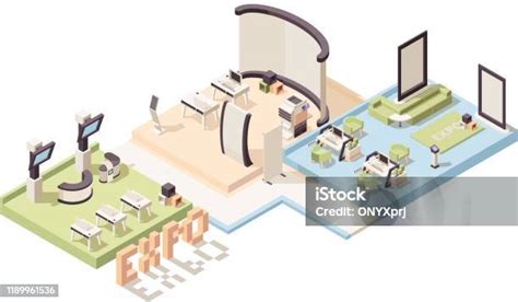 전시 아이소메트릭 광고 이벤트 스탠드 및 사람 벡터 3d 낮은 폴리 전시 단지 인테리어 3차원 형태에 대한 스톡 벡터 아트 및 기타 이미지 3차원 형태 로우 폴리곤