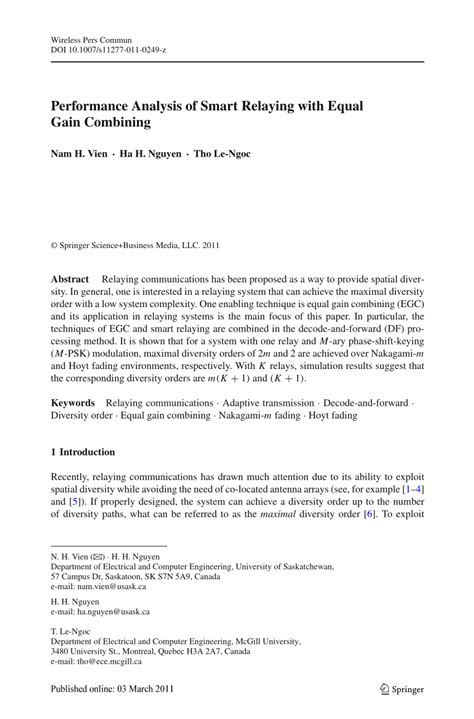 Pdf Performance Analysis Of Smart Relaying With Equal Gain Combining