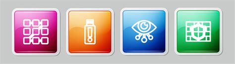 세트 라인 그래픽 암호 보호 Usb 플래시 드라이브 눈 스캔 및 벽돌 벽방패 다채로운 사각형 버튼 벡터 Usb 케이블에 대한 스톡 벡터 아트 및 기타 이미지 Istock