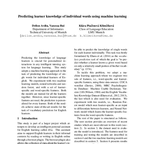 Predicting Learner Knowledge Of Individual Words Using Machine Learning Acl Anthology