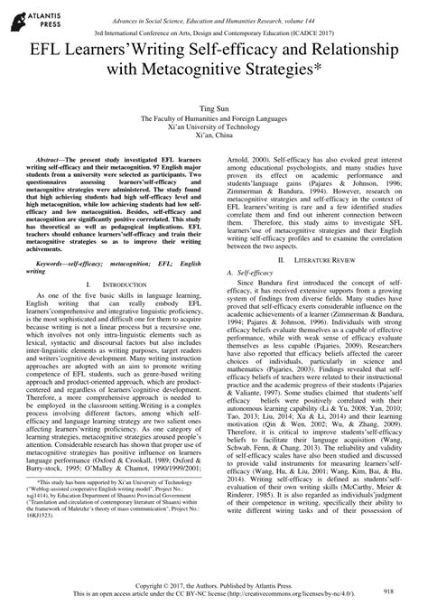 Pdf Efl Learnerswriting Self Efficacy And Relationship With Metacognitive Strategies