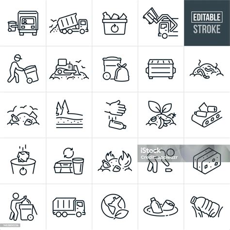 폐기물 처리 얇은 선 아이콘 편집 가능한 획 아이콘에는 쓰레기 쓰레기 폐기물 처리 폐기물 관리 매립지 쓰레기 트럭 퇴비화 퇴비