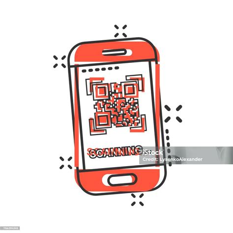 만화 스타일의 Qr 코드 스캔 전화 아이콘 흰색 고립 된 배경에 스마트 폰 벡터 만화 그림스캐너 바코드 비즈니스 개념 스플래시