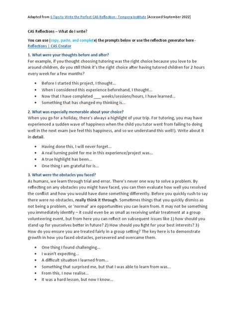Cas Reflection Prompts Pdf Thought Experience