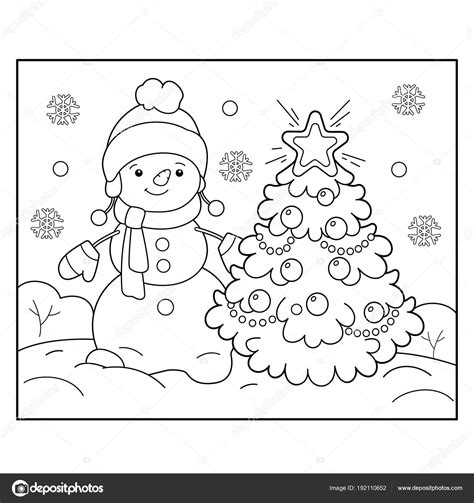 ระบายสีโครงร่างหน้าของ Snowman กับต้นคริสต์มาส คริสต์มาส ปีใหม่ สมุดระบายสีสําหรับเด็ก ภาพ